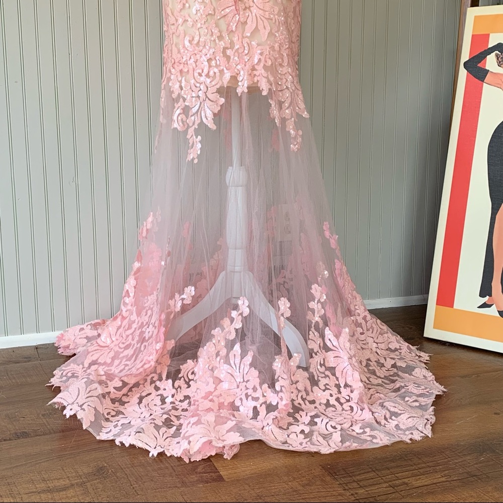 Glamorous Sheer Embellished Pink Floral Long Dress Go… - Gem
